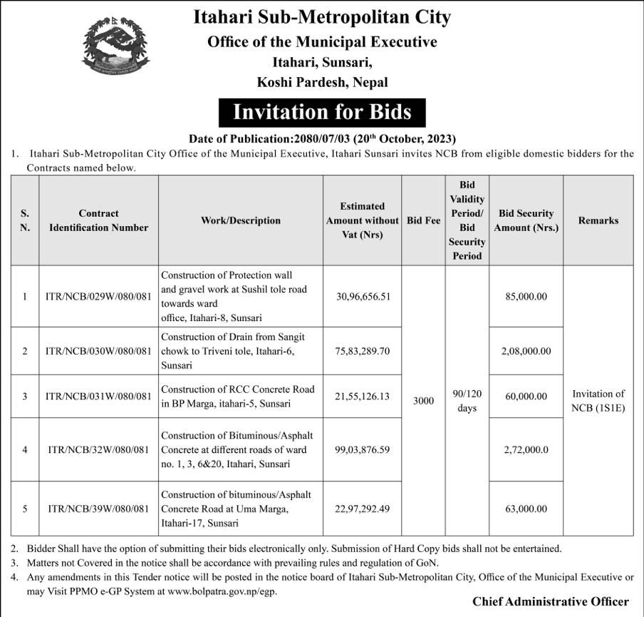 Invitation for Bids - Construction (2080-07-03) | Itahari Sub-Metropolitan City Office